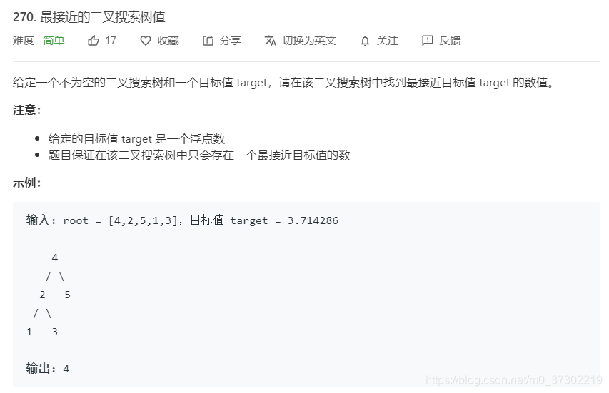 LeetCode-Algorithms-[Easy]270. 最接近的二叉搜索树值_javascript实现1. 题目 给定一个不为空的二叉搜索树和一个目标值 target,请在-CSDN博客