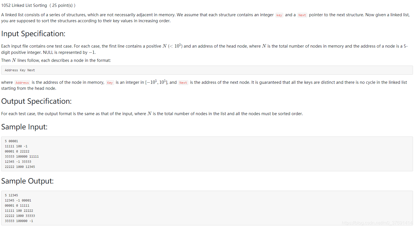 1052 Linked List Sorting （25 point(s)）-CSDN博客