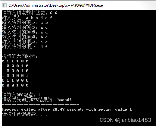 【数据结构】邻接矩阵之深度优先遍历DFS_根据邻接矩阵写出深度优先遍历-CSDN博客