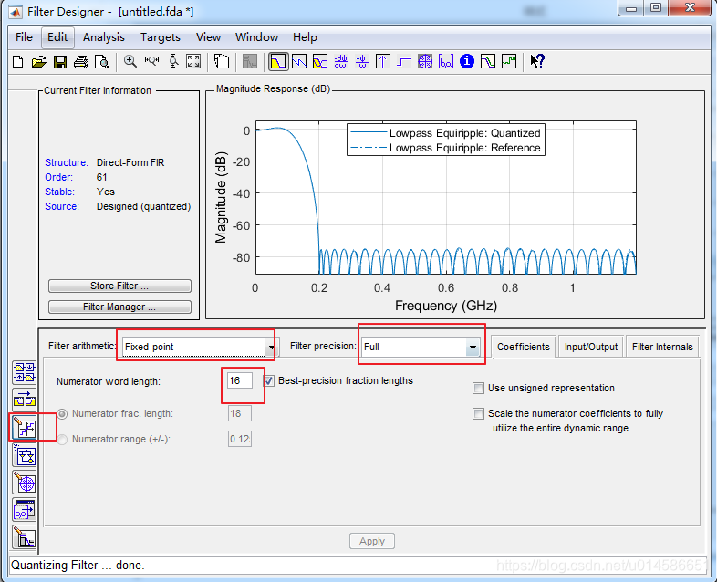 MATLAB生成FPGA COE文件之XILINX FPGA滤波器系数_fdatool numerator frac. length-CSDN博客