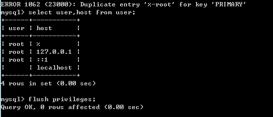 mysql在更改root远程连接时候报错：Duplicate entry ‘%-root‘ for key ‘PRIMARY‘_duplicate entry '%-root' for key ...