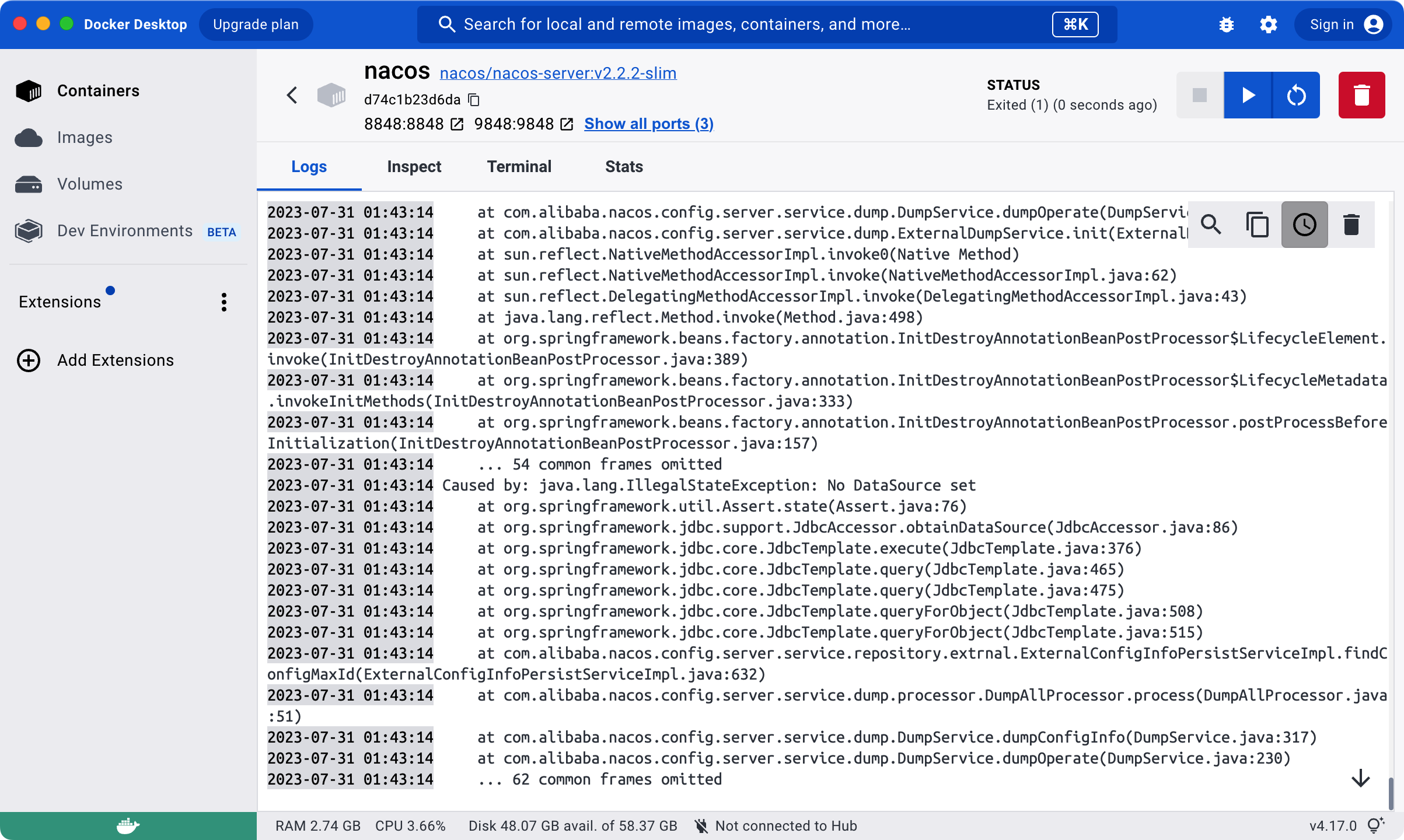 Docker 启动 Nacos 报错：No DataSource set_docker nacos no datasource set-CSDN博客