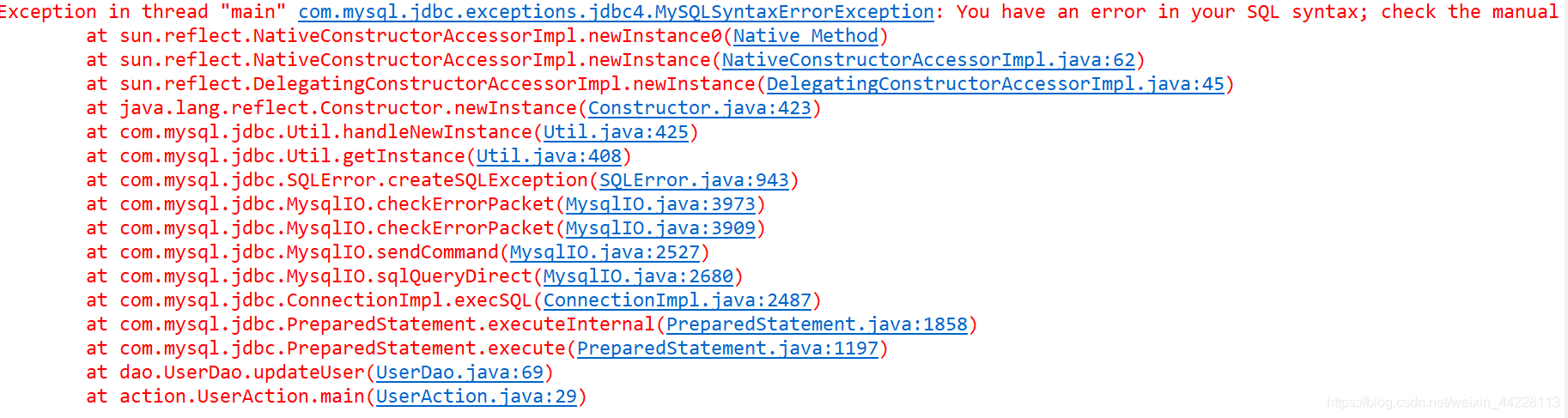 JDBC抛com.mysql.jdbc.exceptions.jdbc4.MySQLSyntaxErrorException异常的的问题_exception in thread "main ...
