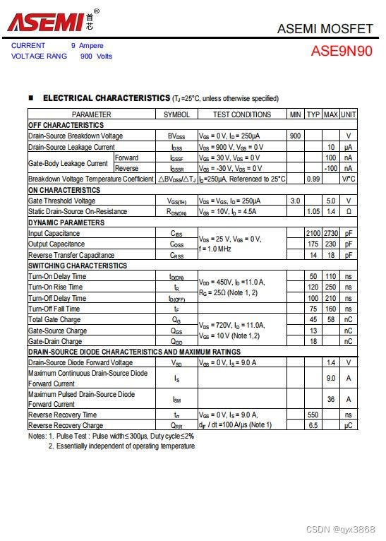 ASEMI的MOS管9N90参数，9N90电路图，9N90实物图_09n90e场效应管参数-CSDN博客