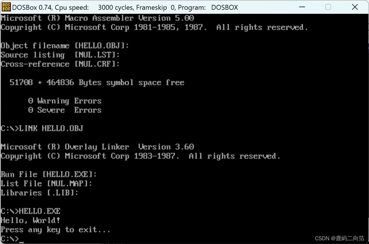 【保姆级详细步骤教学&用DOSBoxV0.74写出一个汇编语言程序输出Hello World！】_dosbox0.74使用教程-CSDN博客