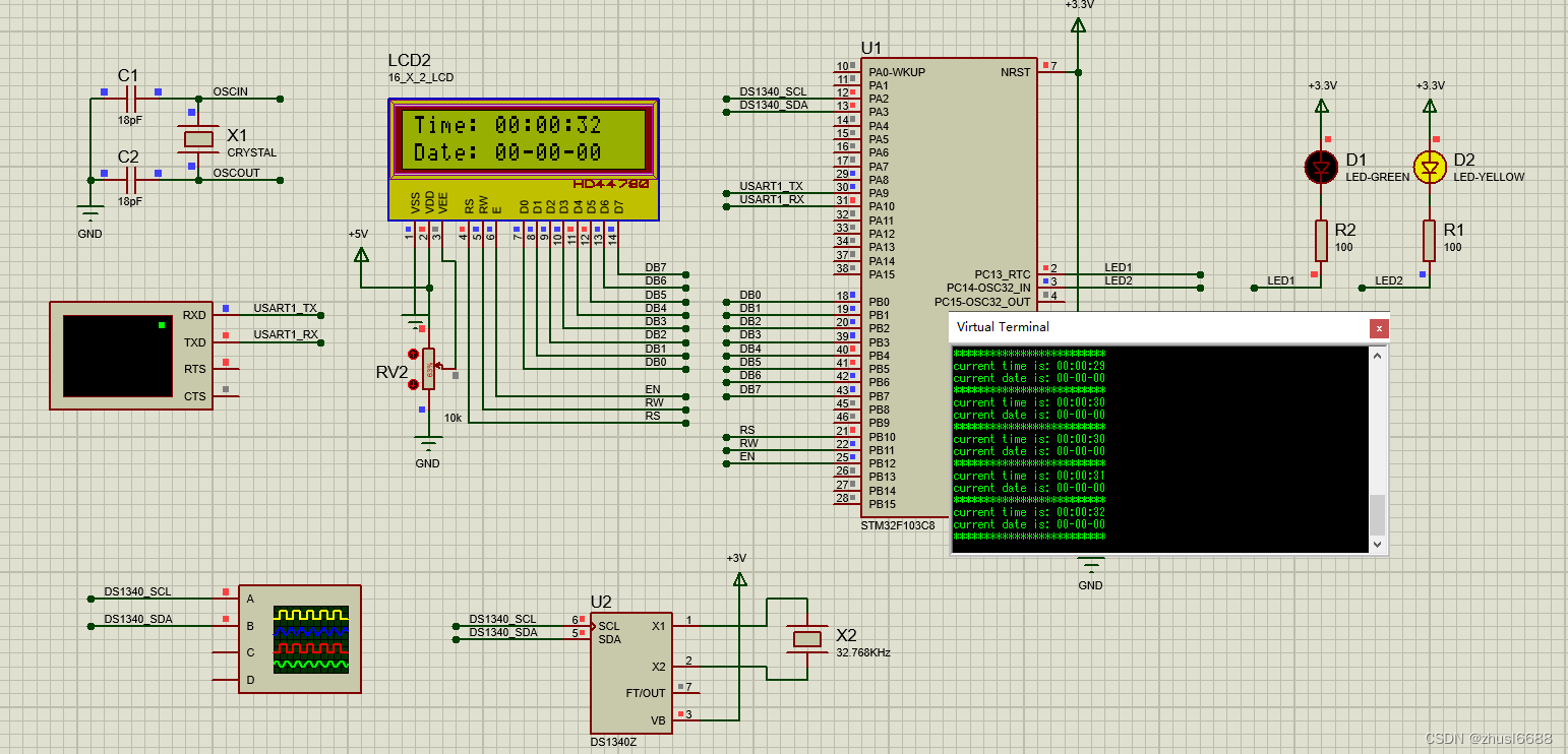 Proteus8.0仿真应用设计（五十九）基于STM32CubeMX、STM32F103C8T6 、FREERTOS、DS1340Z时钟芯片 ...
