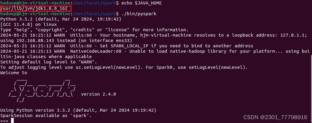 【大数据 】运行pyspark出现/usr/lib/jvm/jdk1.8.0_162/jre/bin/java/bin/java: Not a ...