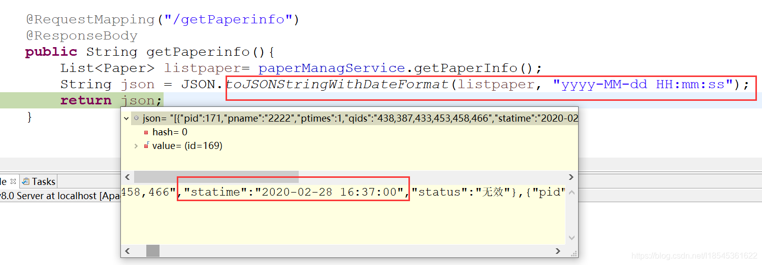 数据库含有时间数据时，如果转化为JSON格式，需要使用JSON.toJSONStringWithDateFormat(listpaper, “yyyy-MM-dd HH:mm:ss“)-CSDN博客