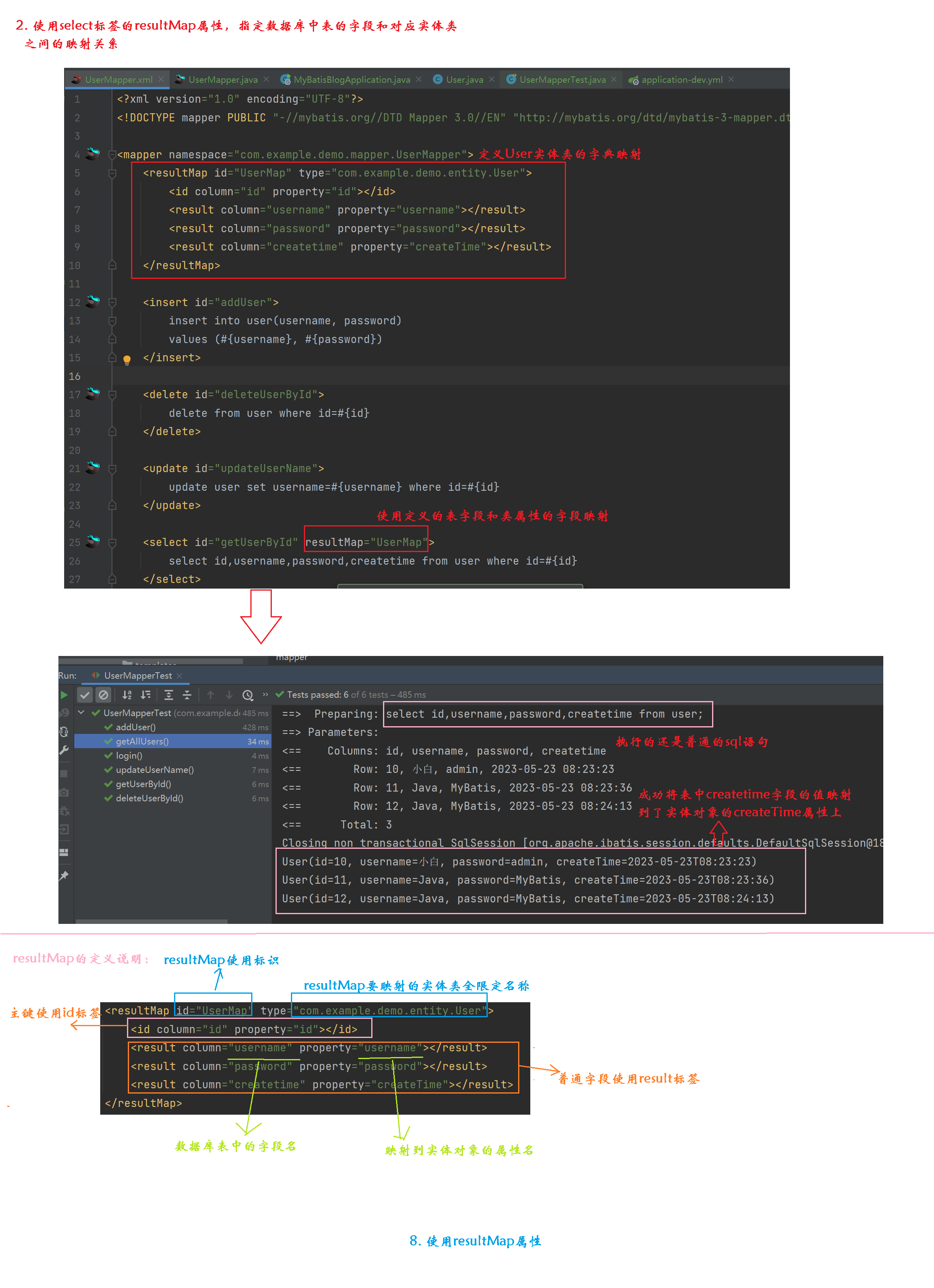 Mybatis操作数据库表和动态sql的使用usermapperxml 中实现sql语句的编写。 1、完成insert接口根据传入的参数