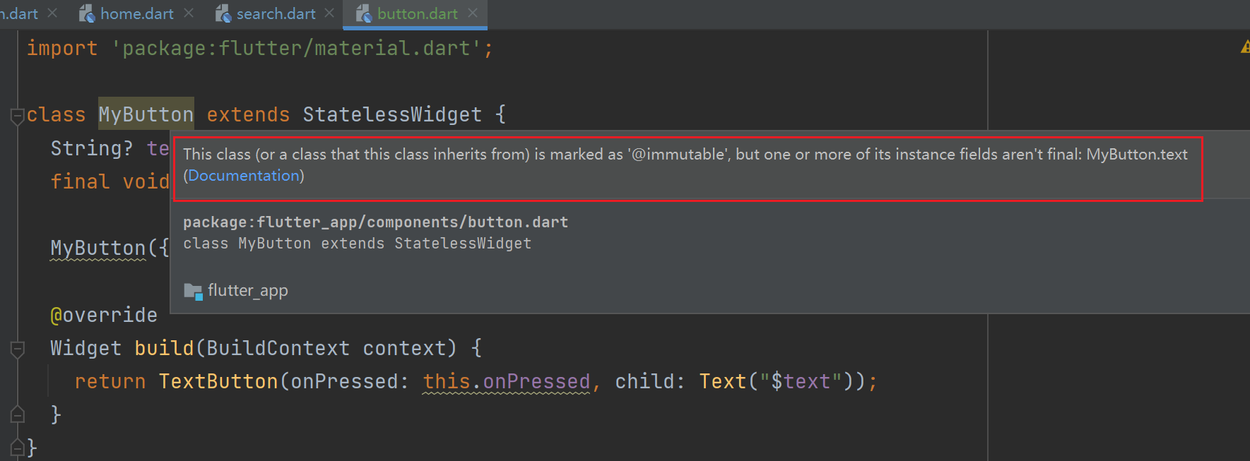 flutter警告：This class (or a class that this class inherits from) is marked as ‘@immutable‘,xxxxx ...