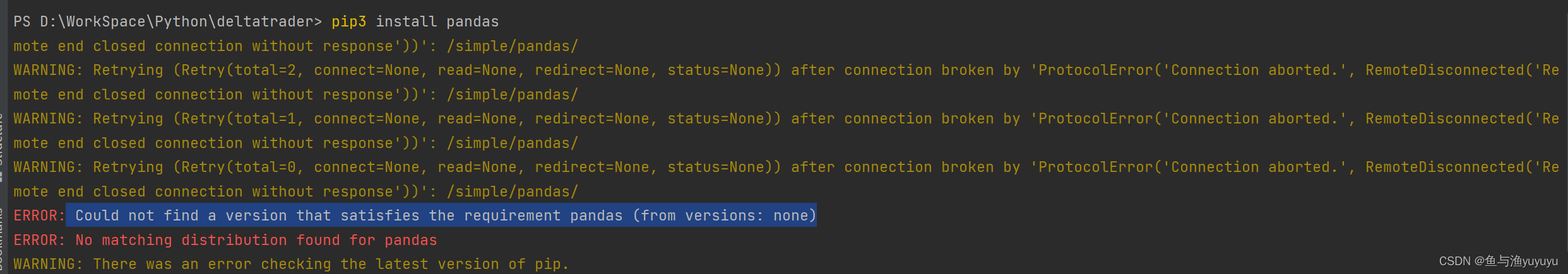 Could not find a version that satisfies the requirement pandas (from ...
