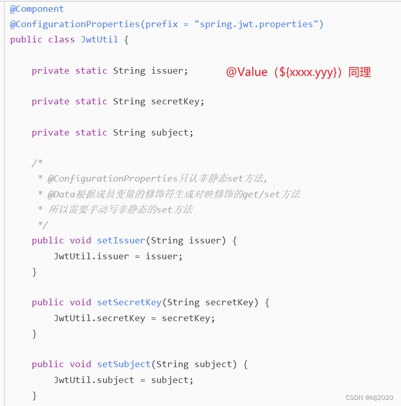 @ConfigurationProperties,@Value给静态变量注入无效，结果为null_configurationproperties注解 静态变量获取不到-CSDN博客