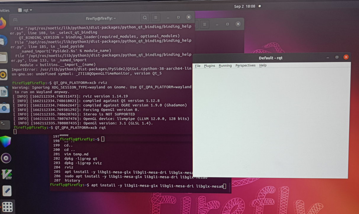 关于firefly的RK3588S的ubuntu20.04上不能打开rviz rqt的解决过程_[ info] [1715439943.556830962]: rviz version 1. ...