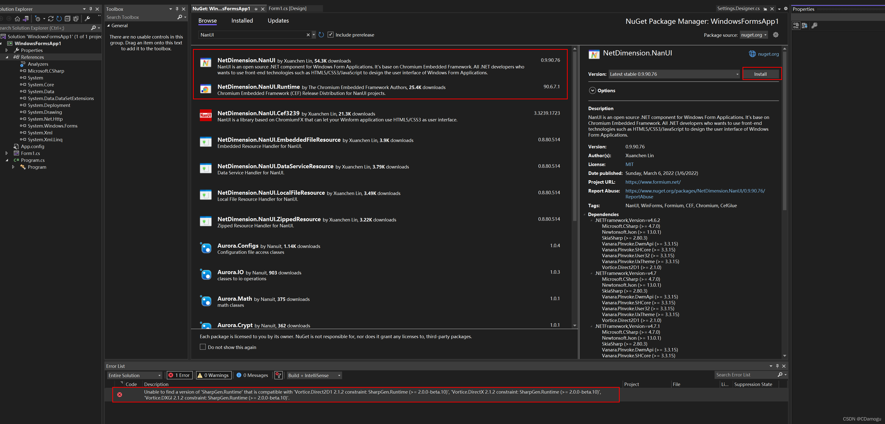 NetDimension.NanUI安装报错Unable to find a version of ‘SharpGen.Runtime‘解决方案_找不到与 'netdimension.nanu ...