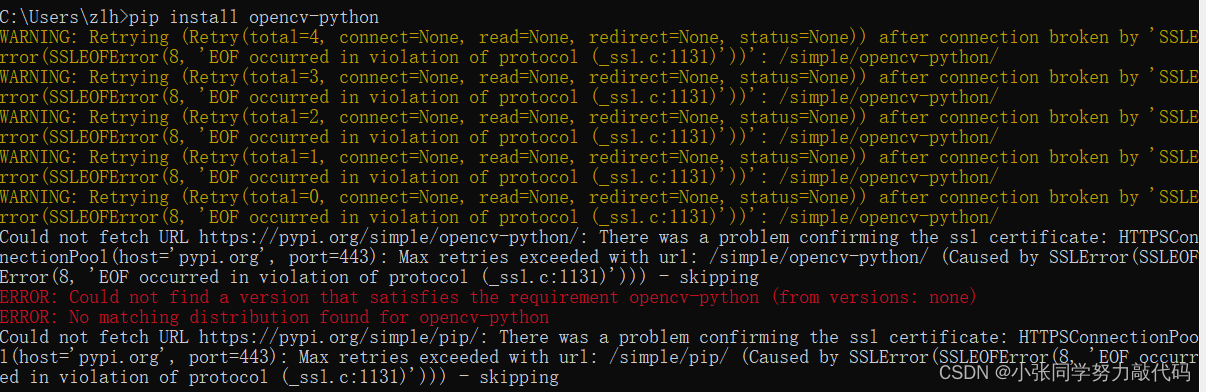 Pip安装cv2时报错，could Not Fetch Url Simpleopencv Python