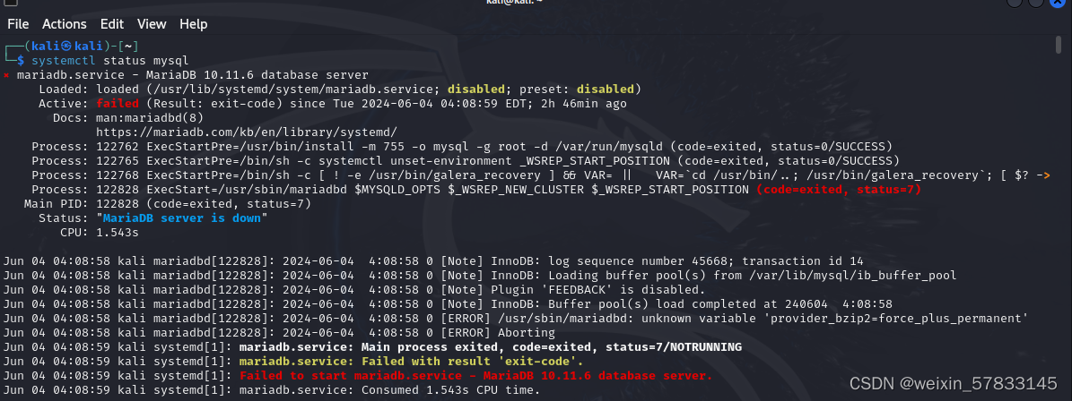 Kali启动mysql报错：Job for mariadb.service failed because the control process exited with error-CSDN博客