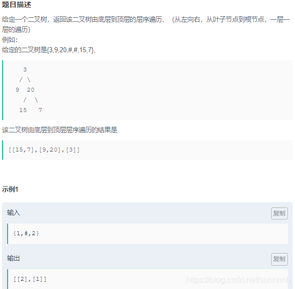 Leetcode 给定一个二叉树，返回该二叉树由底层到顶层的层序遍历，（从左向右，从叶子节点到根节点，一层一层的遍历）请按下列描述构建