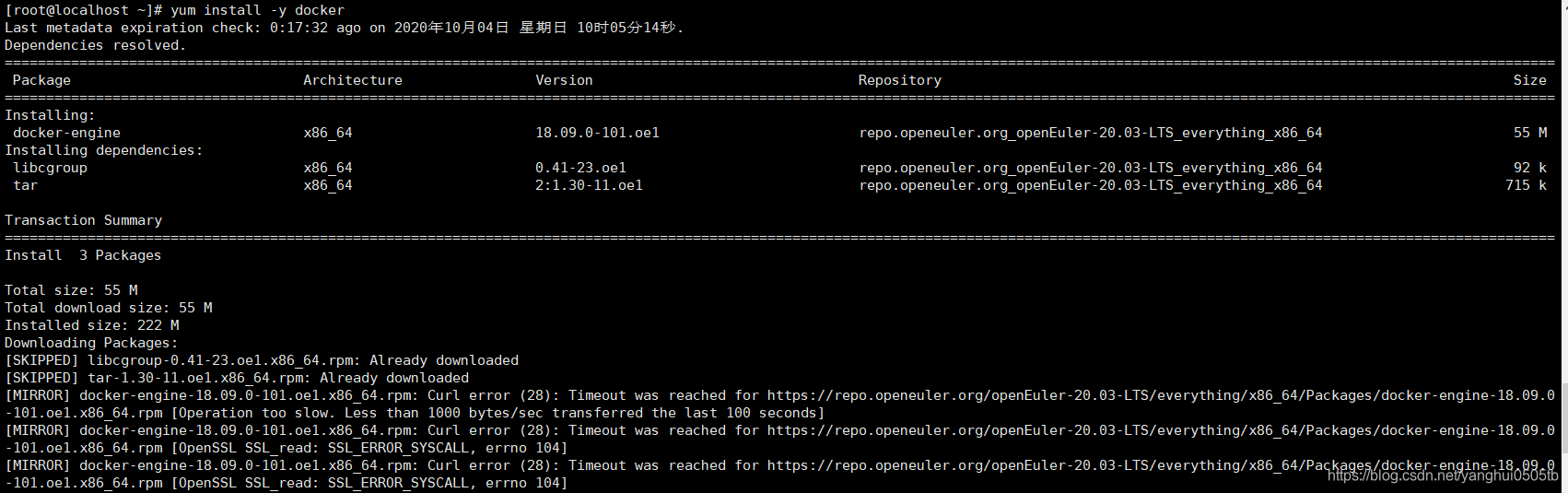yum install -y docker 提示“Curl error (28): Timeout was reached for ...