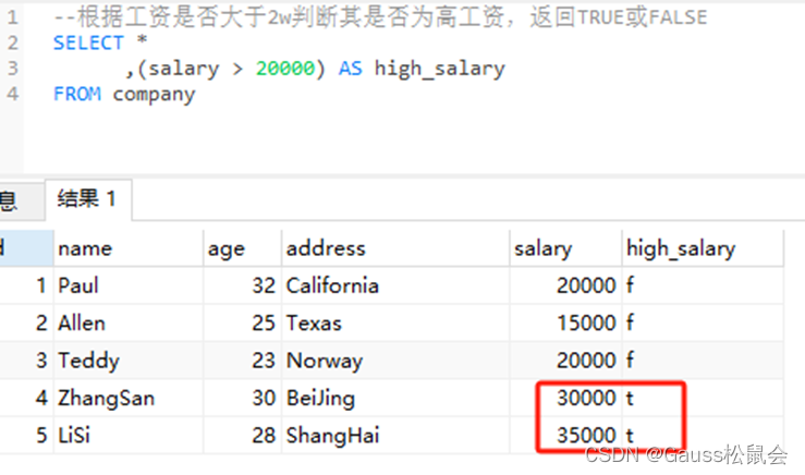 GaussDB SQL基础语法示例-BOOLEAN表达式_sql中boolean类型如何设置条件-CSDN博客
