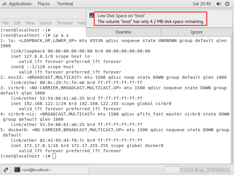 Linux分区磁盘空间不足，相关提示“Low Disk Space on “boot“ The volume “boot“ has only 4.2 MB disk space ...