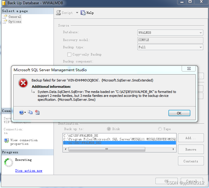 【SQL Server】System.Data.SqlClient.SqlError: The media loaded on “×××“ is formatted to support 2 ...