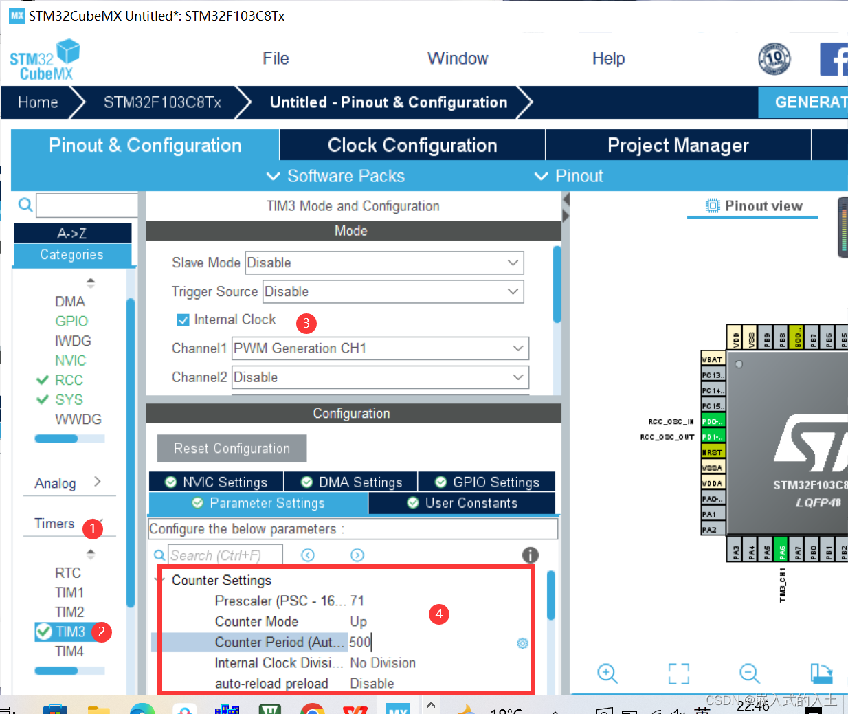 STM32F103C8T6定时器实现led的周期闪烁及PWM实现流水灯_stm32f103c8t6 pwm-CSDN博客