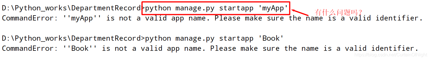 CommandError: ''Book'' is not a valid app name. Please make sure the name is a valid identifier ...