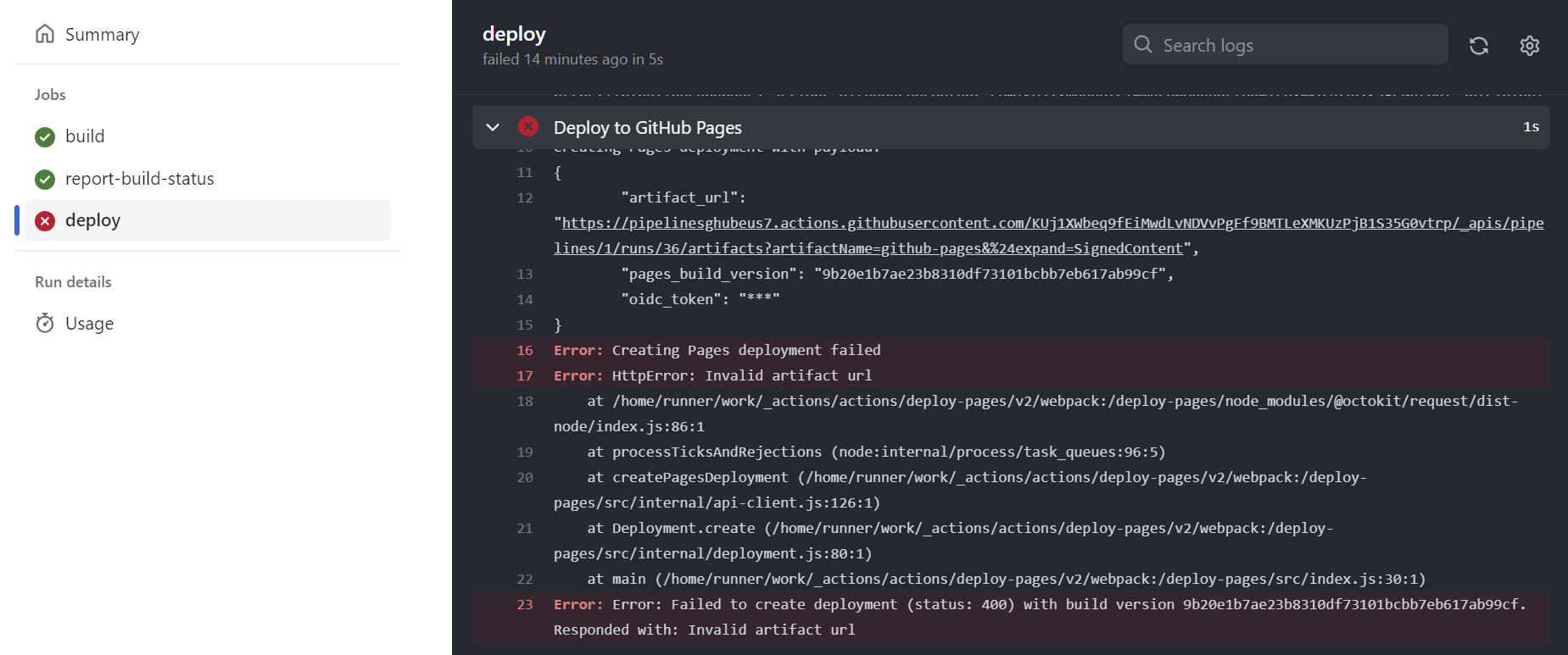 【Github Page】报错 Error: Creating Pages deployment failed Error: HttpError: Invalid artifact url ...