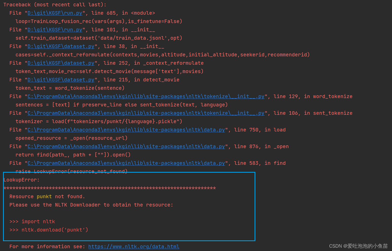 问题解决：NLTK报错：Resource punkt not found. Please use the NLTK Downloader to obtain the resource:-CSDN博客