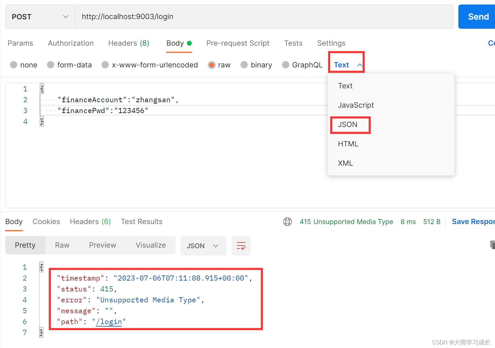 postman调得到的结果是“status“: 415, “error“: “Unsupported Media Type“,_postman ...