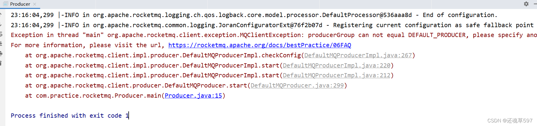 rocketmq:producerGroup can not equal DEFAULT_PRODUCER, please specify another one._rocketmq ...