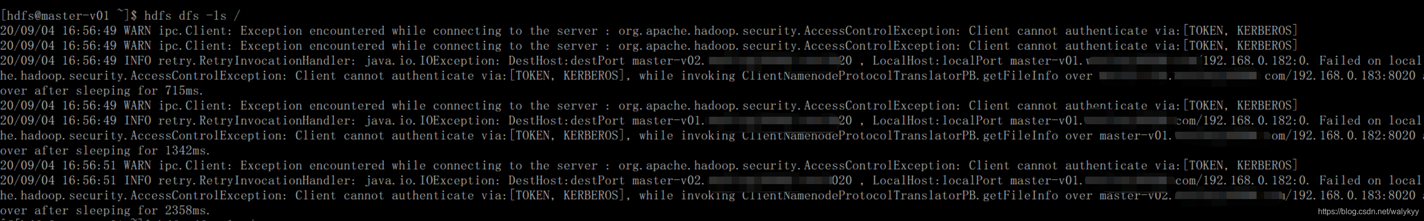 HDP WARN ipc.Client: Exception encountered while connecting to the server : org.apache.hadoop ...