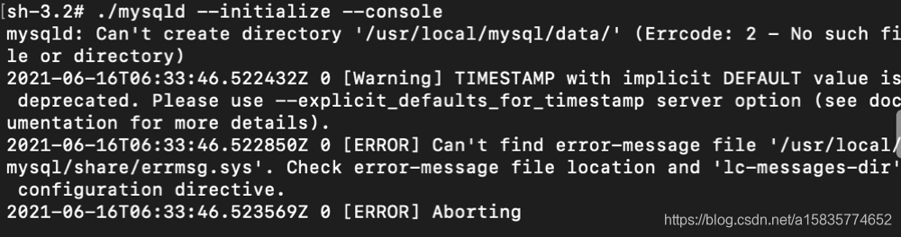 mysqld初始化Can‘t create directory ‘/usr/local/mysql/data/’(Errcode:2 -No such file or directory ...