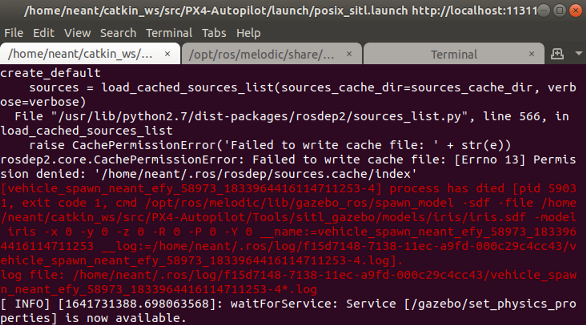 roslaunch px4 posix_sitl.launch加载时报错[ERROR] Spawn service failed. Exiting._[error] [1703510736. ...