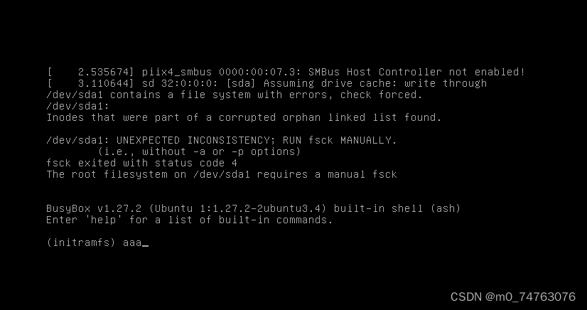 The root filesystem on /dev/sda1 requires a manual fsck导致ubuntu虚拟机打不开问题解决-CSDN博客