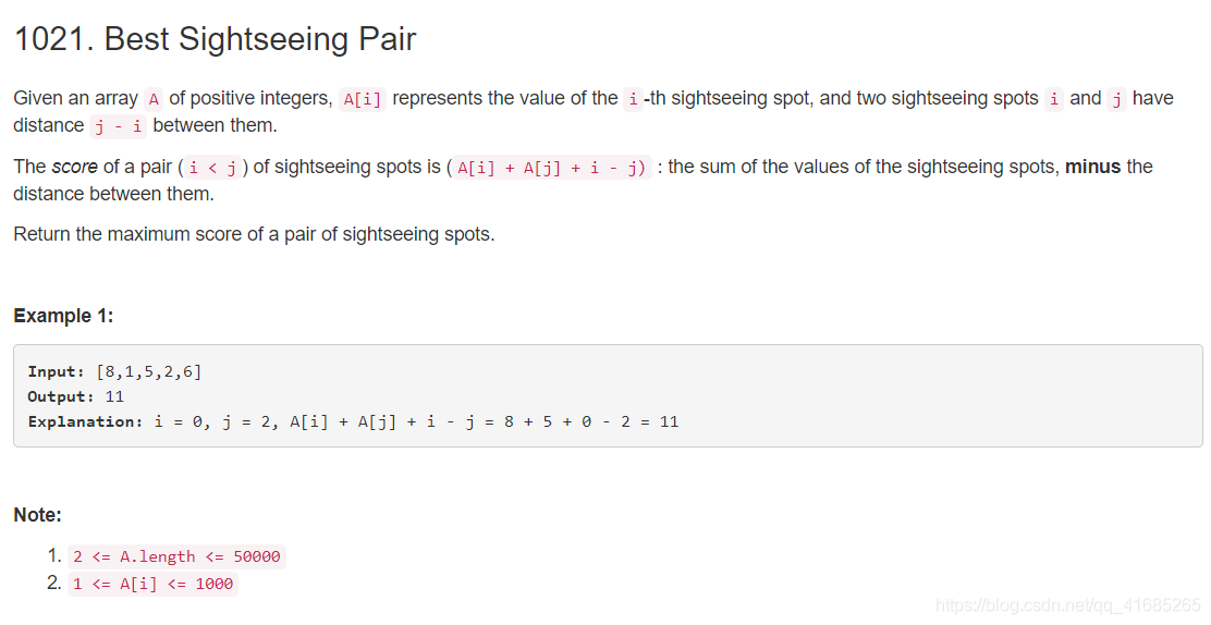 LeetCode 1021. Best Sightseeing Pair_1014. best sightseeing pair-CSDN博客