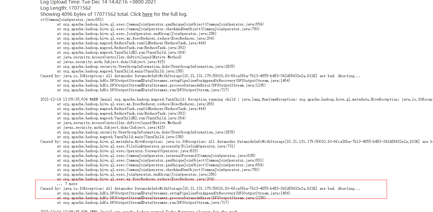 集群运维：All datanodes DatanodeInfoWithStorage[10.21.131.179:50010,DS-6fca3fba-7b13-4855-b483 ...