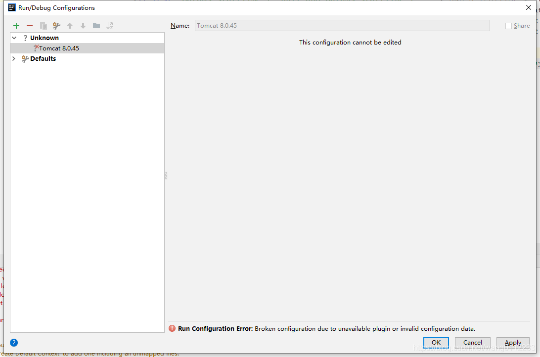 Run Configuration Error: Broken configuration due to unavailable plugin or invalid configuration ...