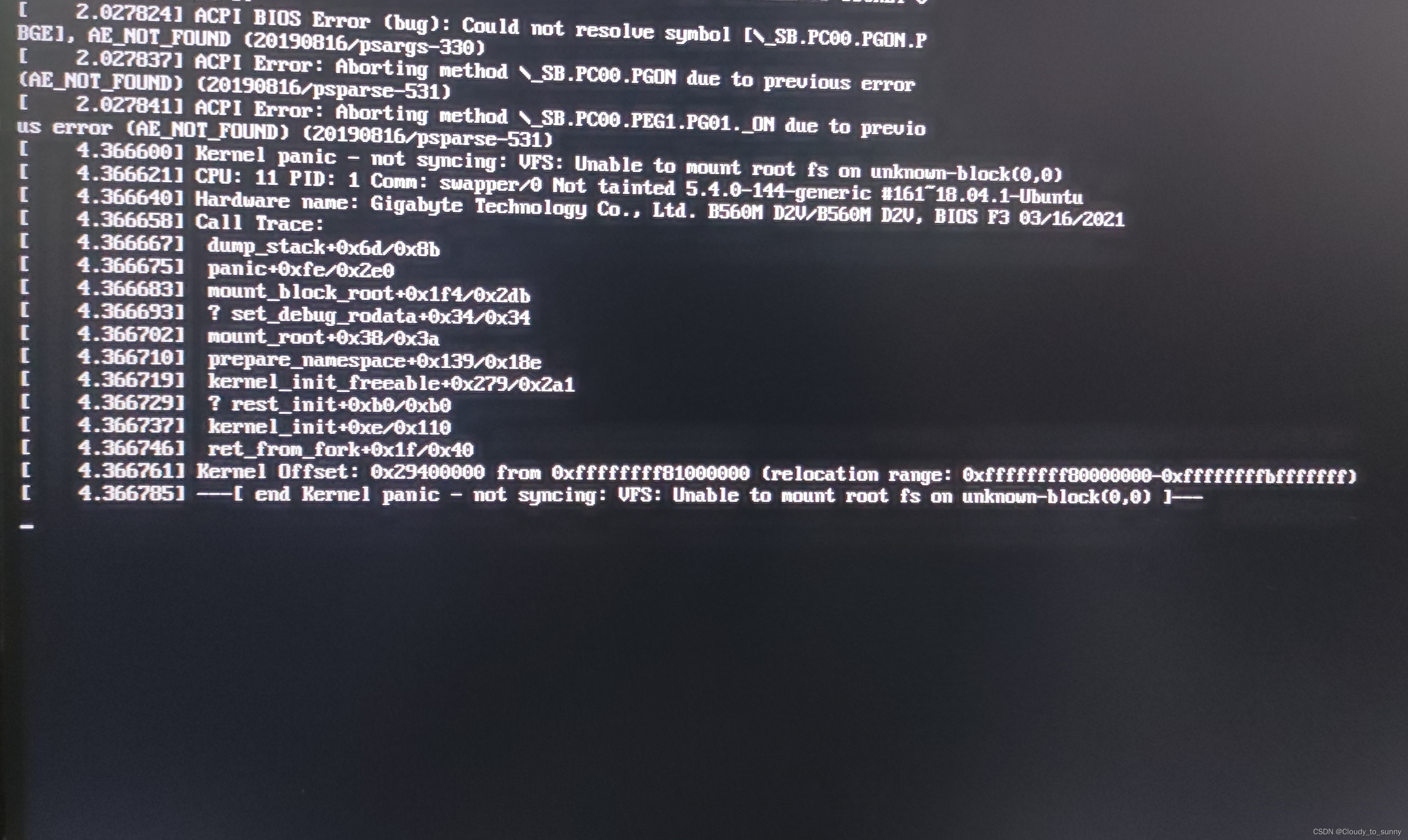 ubuntu启动报错 hardware error cpu 0 machine check 0 Bank 6、ACPI BIOS Error (bug)Could not resolve ...