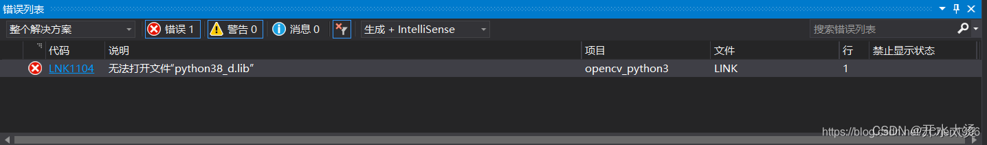 win10下用 Visual Studio 2019 重新生成 OpenCV 解决方案报 LNK1104 无法打开文件 “python38_d.lib”_vs无法打开python38.lib ...