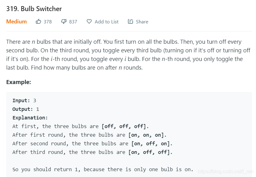 Leetcode 319. Bulb Switcher-CSDN博客