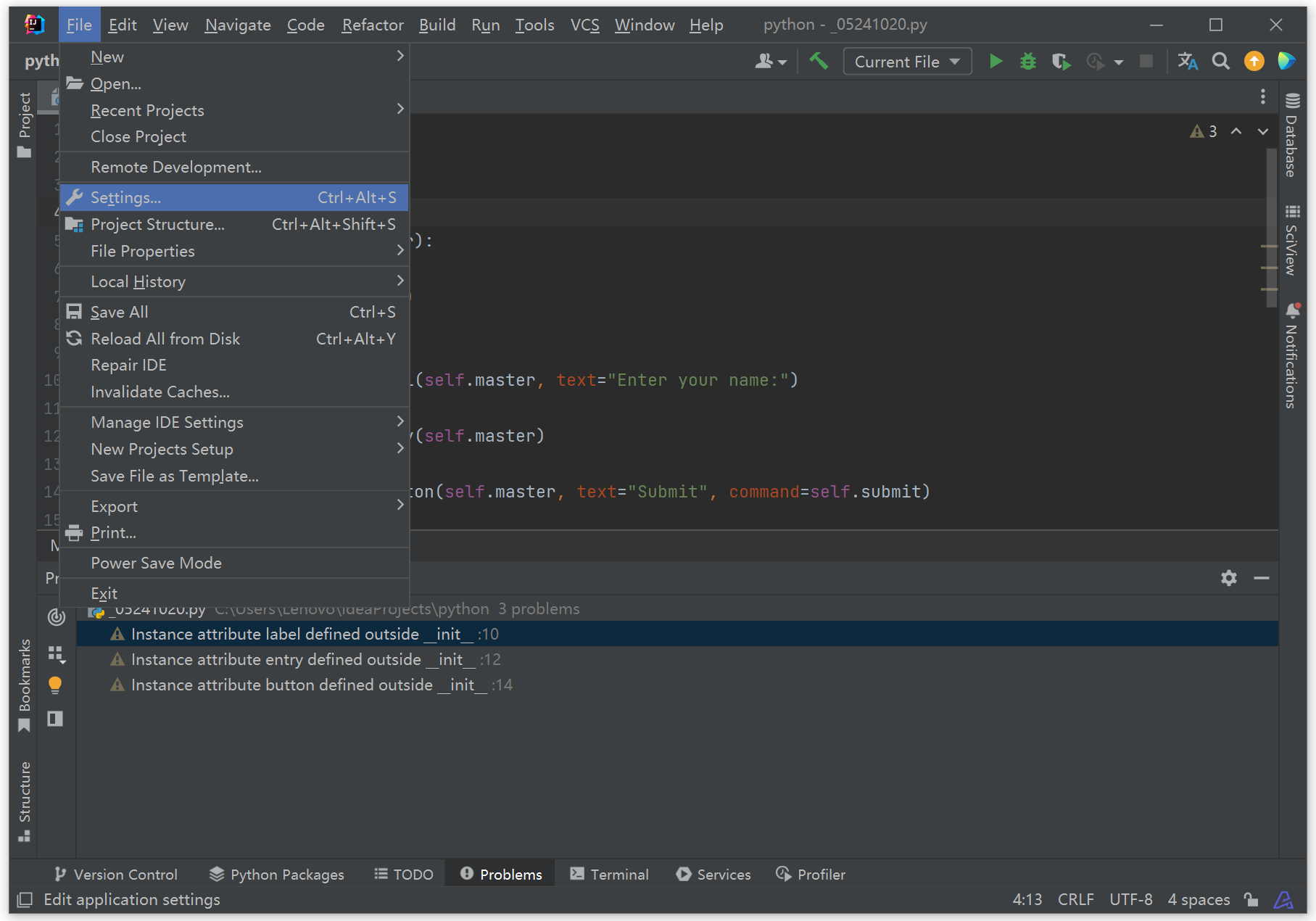 【Pycharm】解决外部定义实例特性时出现 “Instance attribute … defined outside __init__” 的警告_实例特性在外部定义-CSDN博客