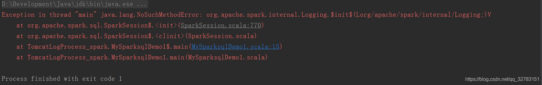 在执行spar-sql程序中报错：java.lang.NoSuchMethodError: org.apache.spark.internal.Logging.$init$(Lorg ...