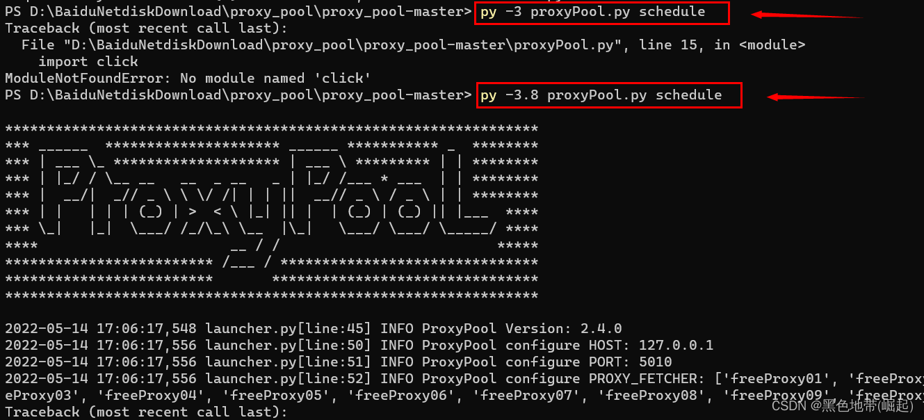 【proxy_pool搭建问题】多版本python、依赖Redis启动失败、No module named ‘click‘、proxyPool启动报错_modulenotfounderror ...