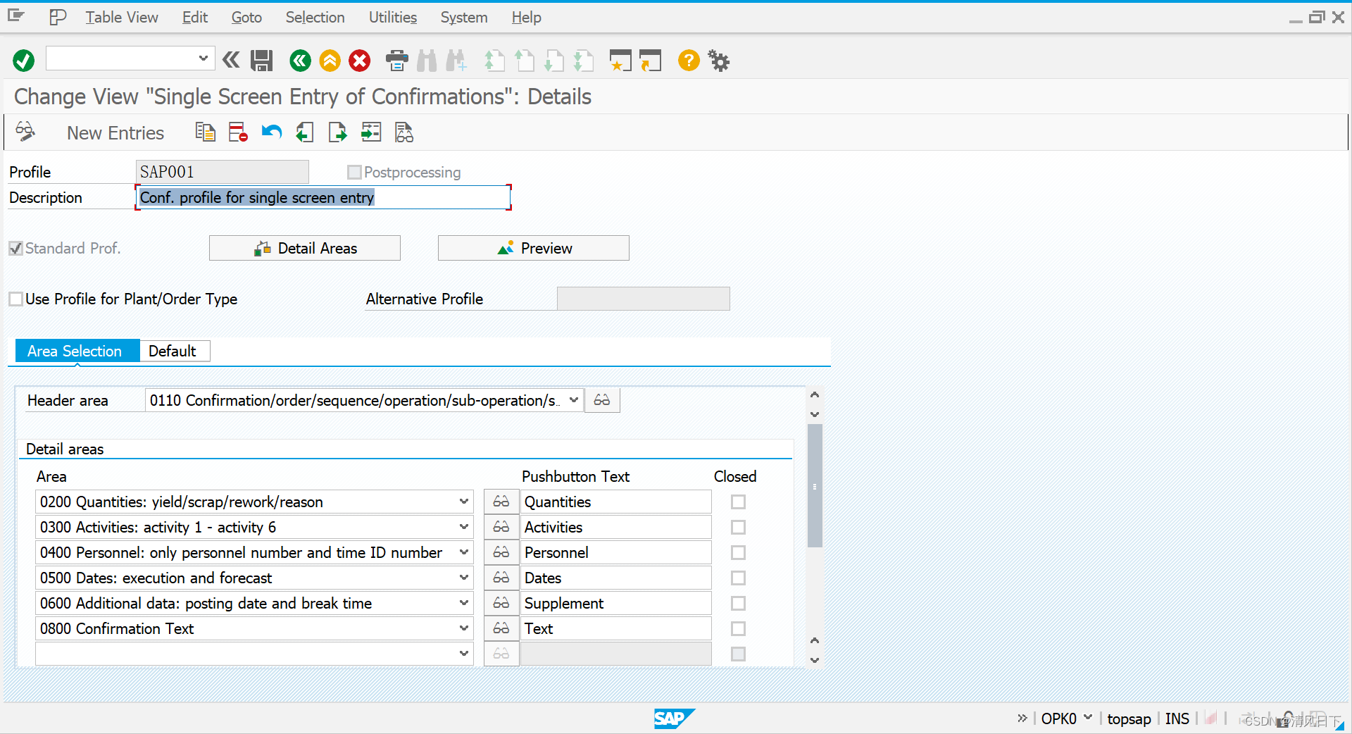 PP配置-生产车间控制/商店底价控制-工序-定义报工屏幕默认值(OPK0-Define Single-Screen Entry for Confirming Production Orders ...