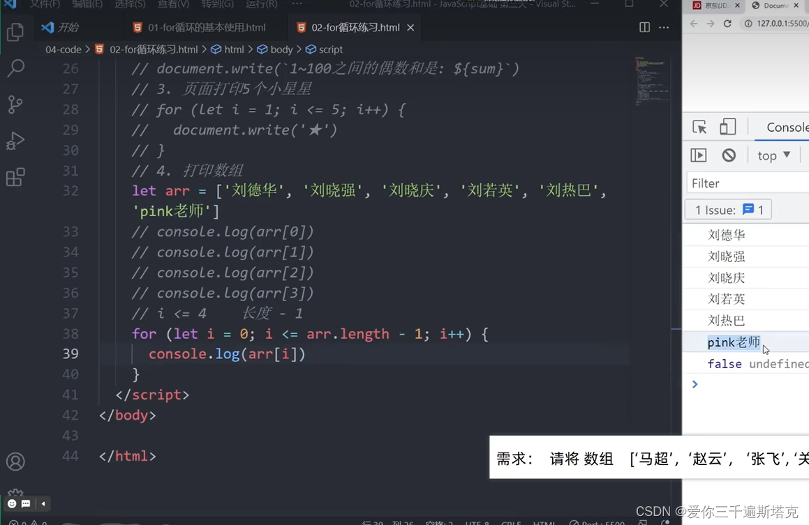 JS - for 循环的基本使用,for( 变量起始值；终止条件；变量变化值)for(let i = 0； i ＜ arr.length； i ++){console.log(arr[i ...