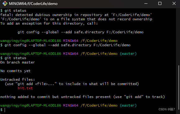 git入门——报错fatal：detected dubious ownership in repository at ‘F:/CoderLife/demo‘_is on a file ...