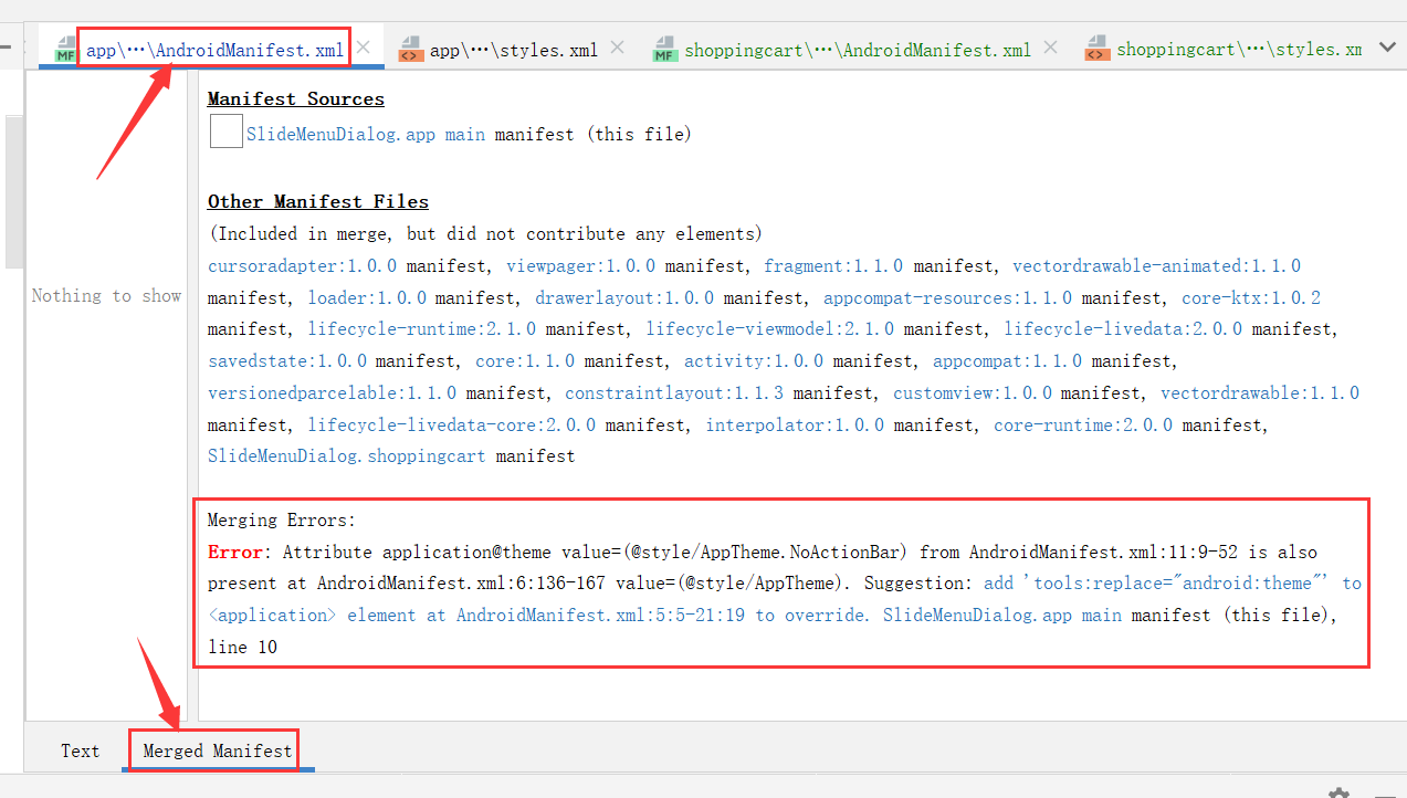 er failed : Attribute application@theme value=(@style/AppTheme.NoActionBar) from AndroidManifest ...