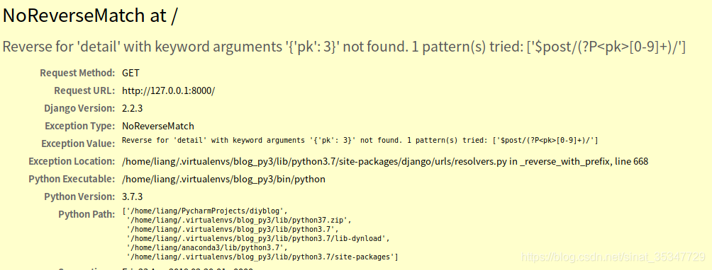Django报错：Reverse for 'detail' with keyword arguments '{'pk': 3}' not found. 1 pattern(s) tried ...