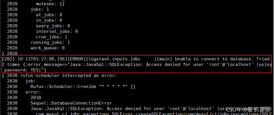 Elasticsearch导入MySQL数据执行bin/logstash -f命令报错_unable to connect to database. tried 1 times {:mes ...
